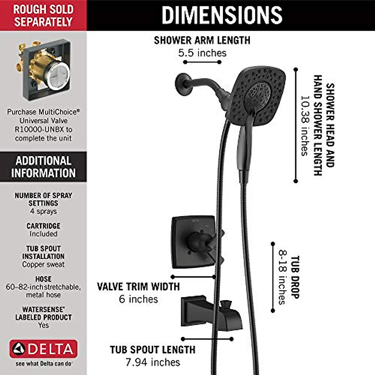 Delta Faucet T17464-BL-I Ashlyn Monitor 17 Series Trim with In2ition Two-in-One Shower Tub & Shower, Without Rough, Matte Black