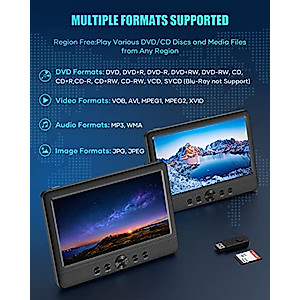 WONNIE 10.5" Two DVD Players Dual Screen Portable Twins CD Player for Car Play a Same or Two Different Movies with 5-Hour Rechargeable Battery, 2 Mounting Brackets, Support USB/SD Card Reader