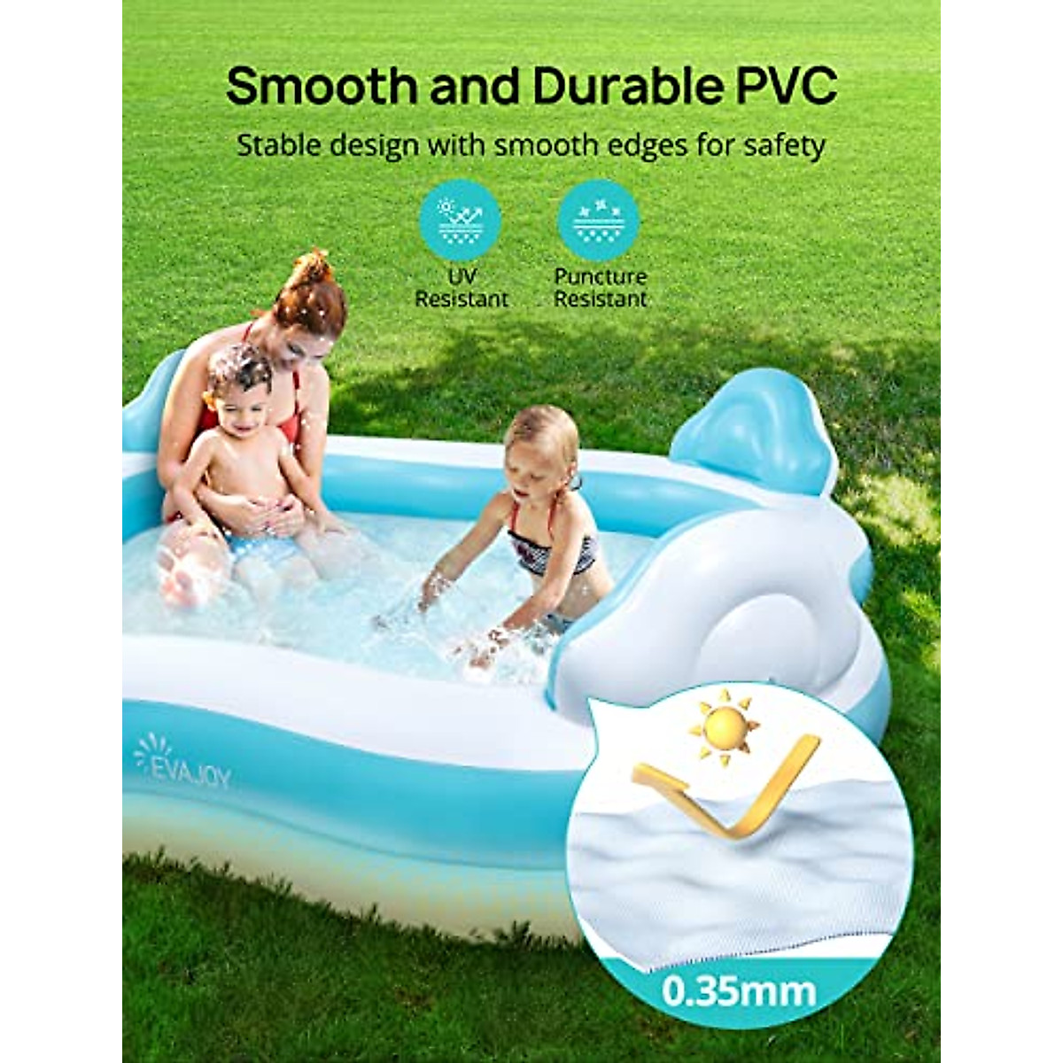 Inflatable Swimming Pool, EVAJOY Inflatable Pool for Kids, Adults, Family-Sized Above Ground Swimming Pool with 4 Seats, 4 Backrests, Cup Holders, for Backyard, Garden, Outdoors, 200 gal