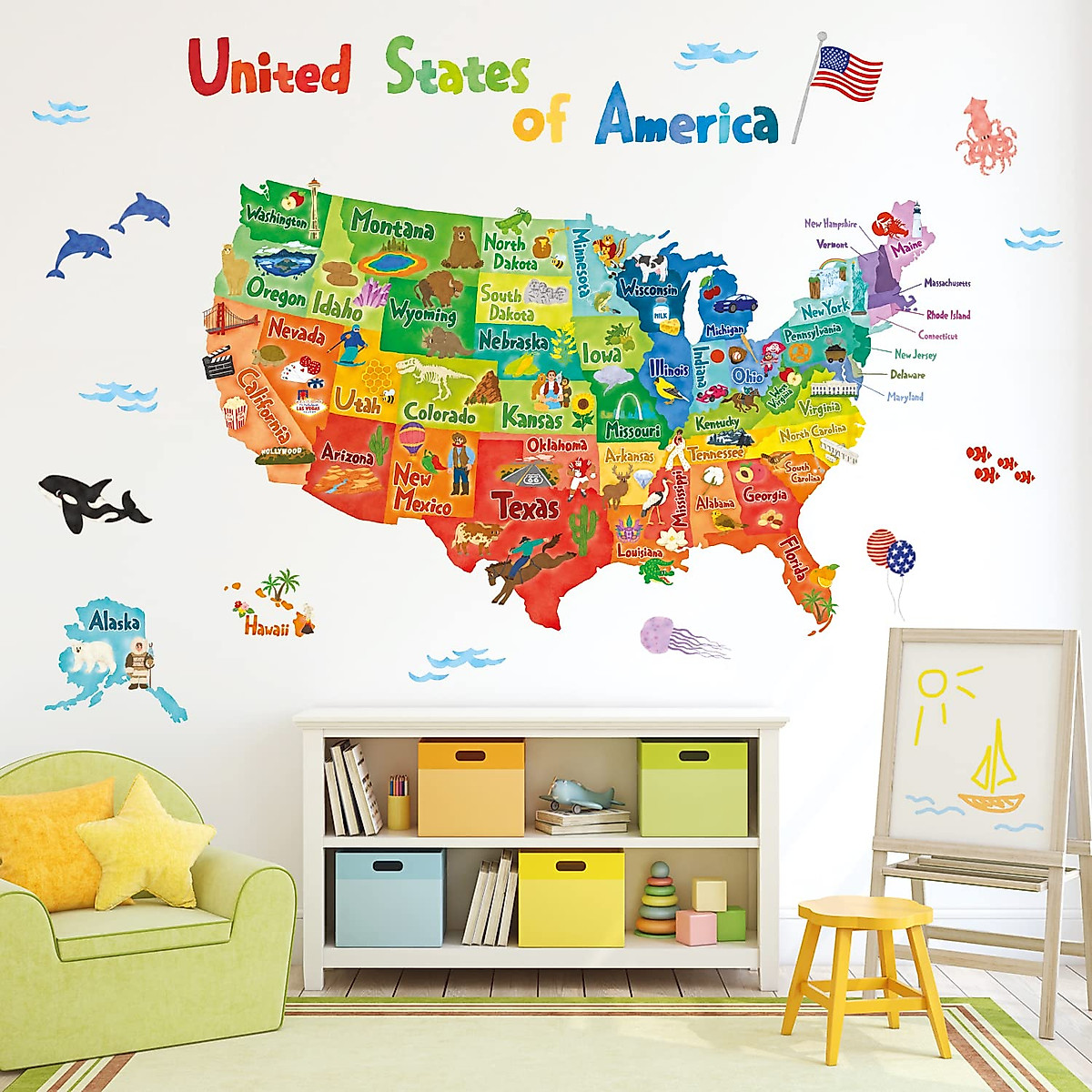 DECOWALL SG2-2307 Colourful USA Wall Stickers Decals Peel and Stick Removable for Kids Nursery Bedroom Living Room décor Wallpaper United States US