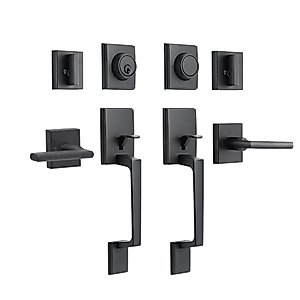NeuType Double Door Handle Sets with Deadbolt Entry Door Locksets Single Cylinder HandleSet with Straight Handle Lower Half Grip, Black