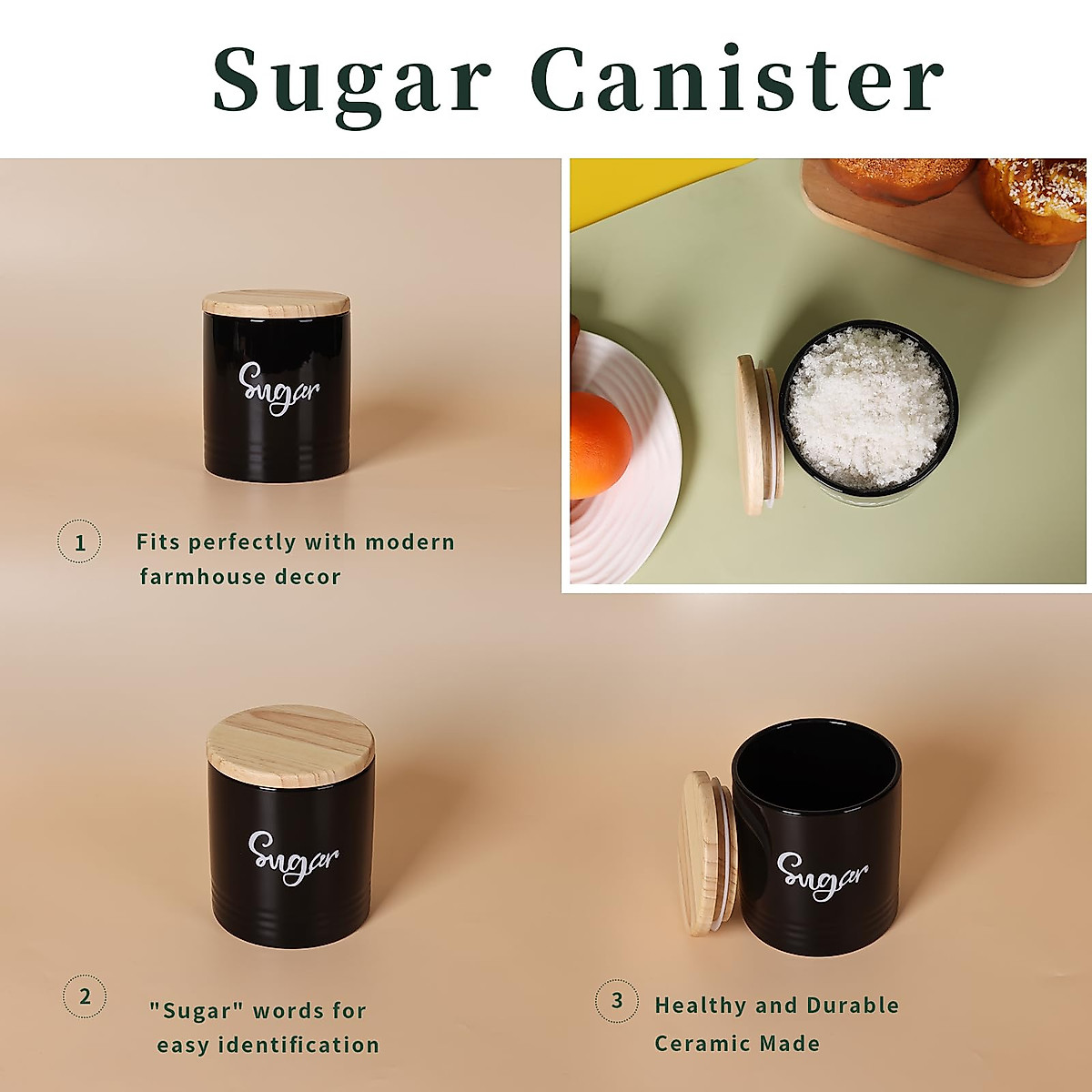 LEETOYI Porcelain Food Storage Containers with Lid, 4.5 Inch 31oz, Black Labeled Sugar