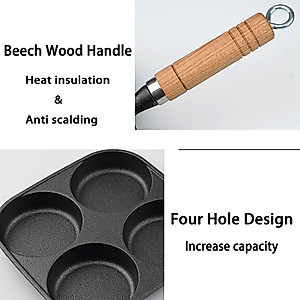 JUSTUP Nonstick Frying Pan,4-Cup Cast Iron Egg Pan Divided Grill Pan with Wooden Handle,Breakfast Skillet Omelet Pan for Egg,Steak and Burgers (Black)
