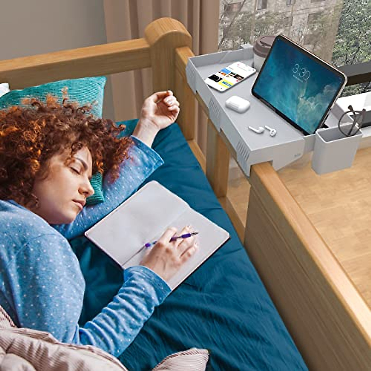 Ronlap Folding Bedside Shelf, Bunk Bed Shelf Organizer for Top Bunk Clip On Nightstand for Loft Bed Plastic Bedside Shelf Tray for Kids with Cupholder Hooks Hanging Cup, Small Size, Grey