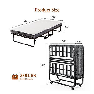 AbyssZen Twin Size Folding Bed with Mattress, 75" x 38" Rollaway Bed, Guest Bed Foldable for Adults, Portable Extra Bed with Memory Foam Mattress, Space-Saving Fold Up Bed for Easy Storage