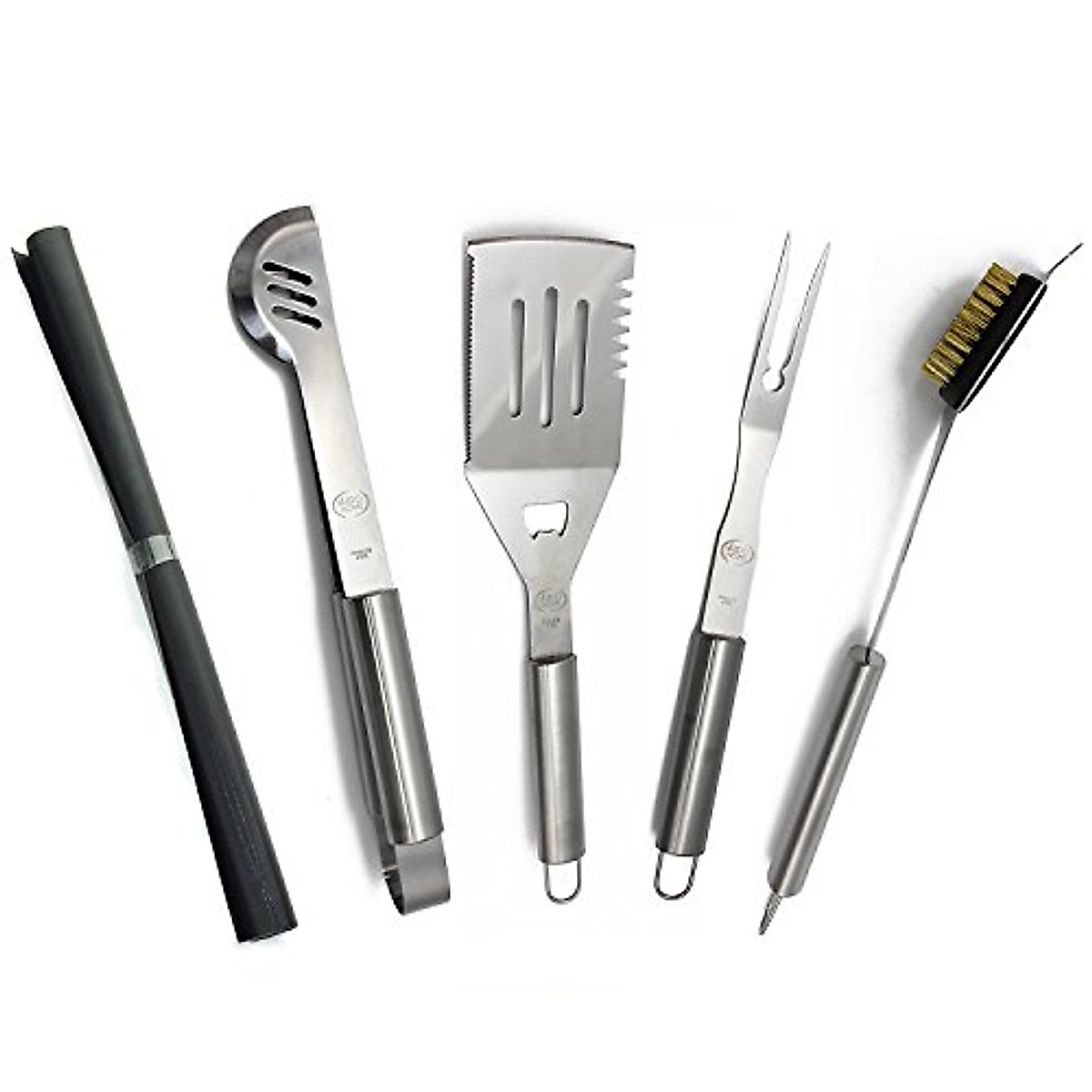 New Stainless Steel BBQ Grill Tools Set - 5 Piece Grilling Tool Accessories Barbecue Kit W/Carry Bag and Silicone BBQ Mat