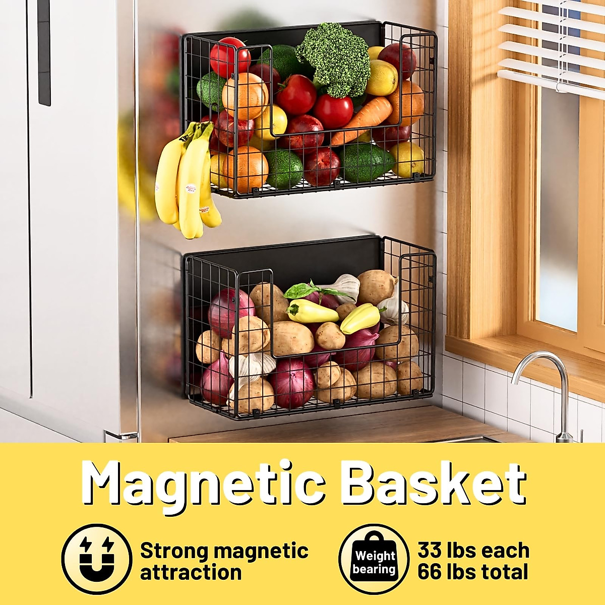 2 Set Magnetic Shelf for Fridge , Fruit Potato & Onion Storage Bins, Pantry Organizers & Storage, Large Container Magnetic Basket for Refrigerator, Kitchen Counter, Cabinet, Magnetic Fridge Organizer