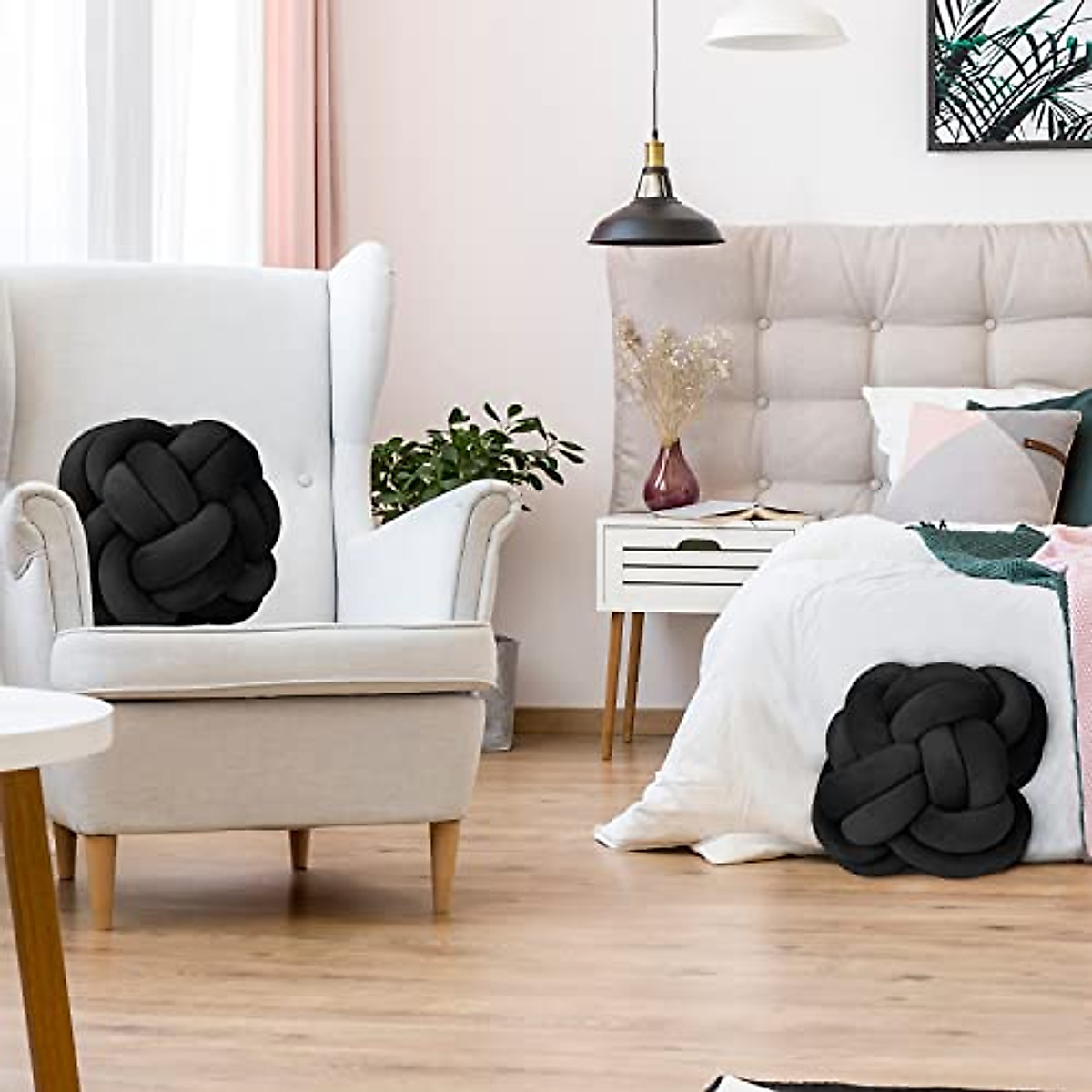 Nuenen 2 Pcs Knot Pillow Ball 12 Inch Flower Creative Knotted Throw Pillows Decorative Sofa Lumbar Pillow Floor Pillow Cushion for Home Bed Couch Car Office Decor Household(Black)