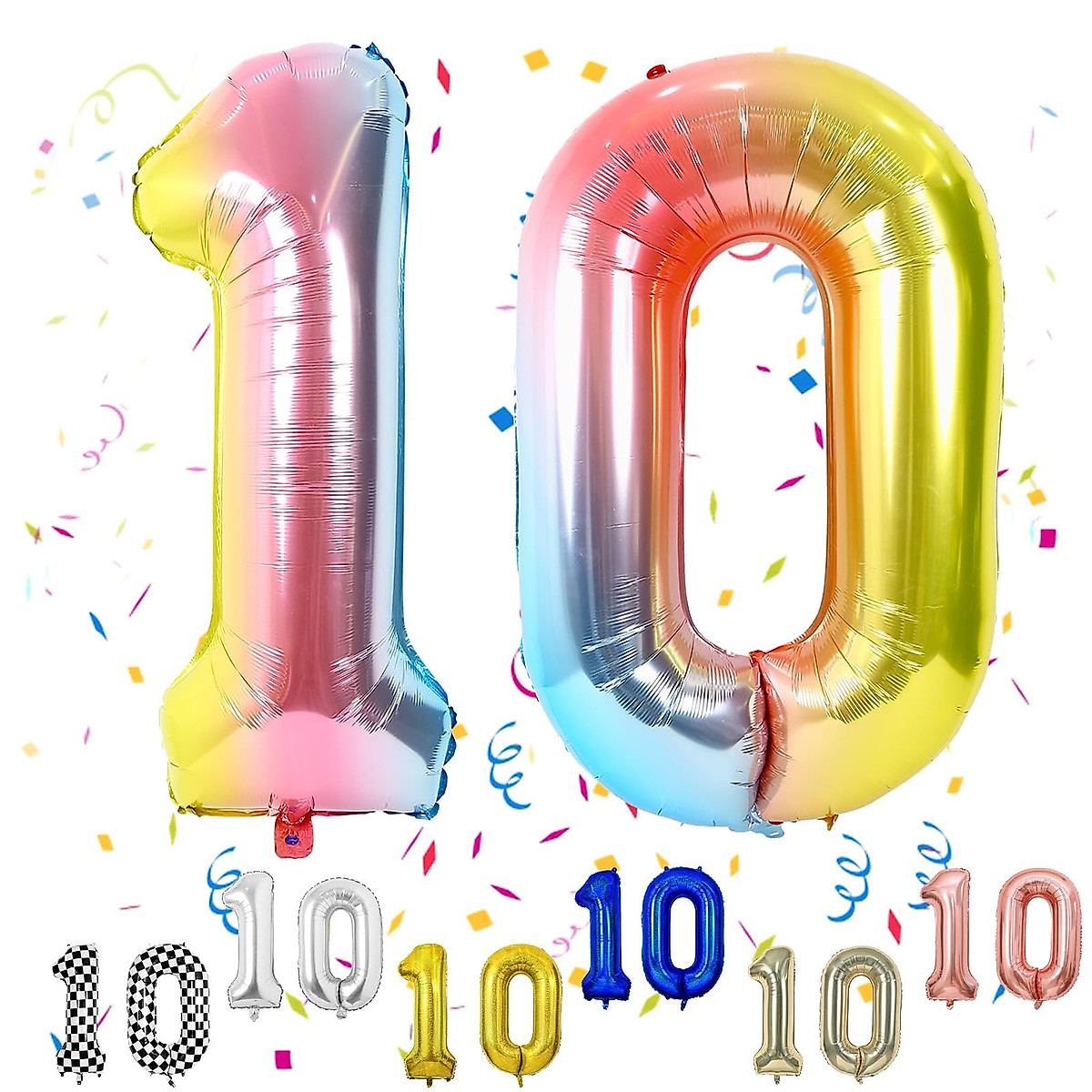 Rainbow Number 10 Balloons, 10th Birthday Balloon, 40inch Gradient 10 Balloon Numbers, Large Self Inflating Foil Balloon, 10th Birthday Decorations for Kids Birthday, 10 Anniversary Decorations