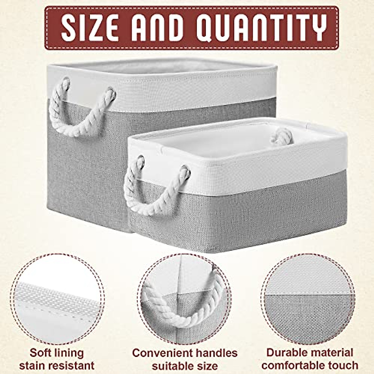 8 Pack Fabric Storage Baskets for Shelves Collapsible Storage Bins Decorative Baskets Empty Gift Foldable Cloth Baskets with Handles for Organizing Home Closet Towels Clothes, 2 Sizes (White, Gray)