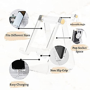 ELLÁRI - Phone Stand for Office Desk Adjustable Angle Clear Acrylic Compatible with Loopycases, Popsockets, All Kickstands, Kindle, Small Tablets, iPhone, Samsung, LG, Google