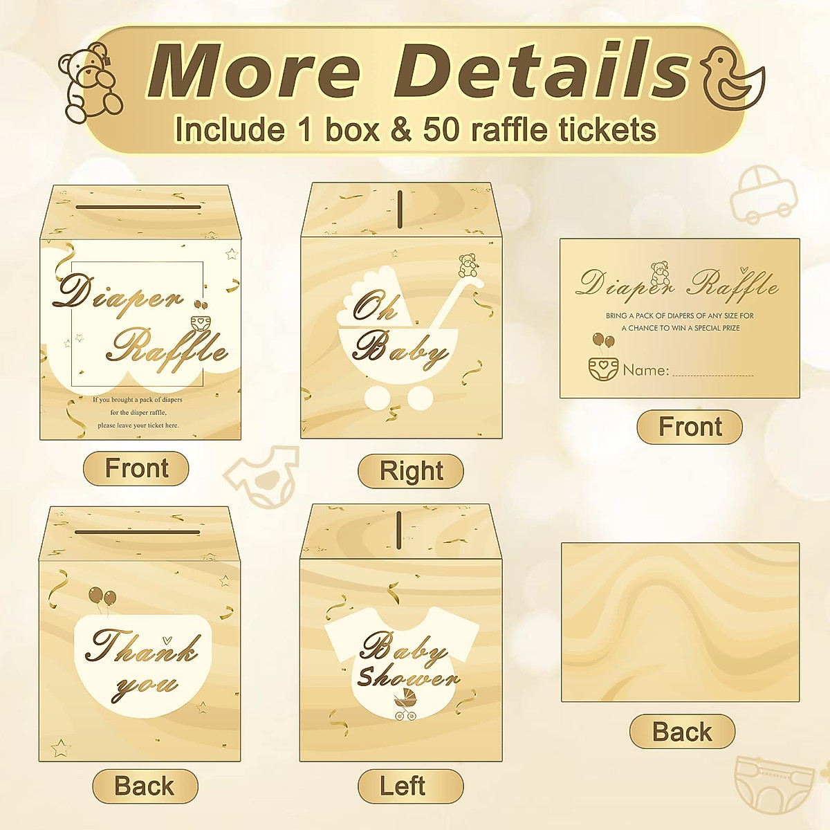 Angela&Alex 50 Pcs Diaper Raffle Tickets for Baby Shower Games with Diaper Raffle Box Invitations Sign Cards for Boy & Girl Gender Reveal Party Decorations Baby Shower Décor Supplies - Gold