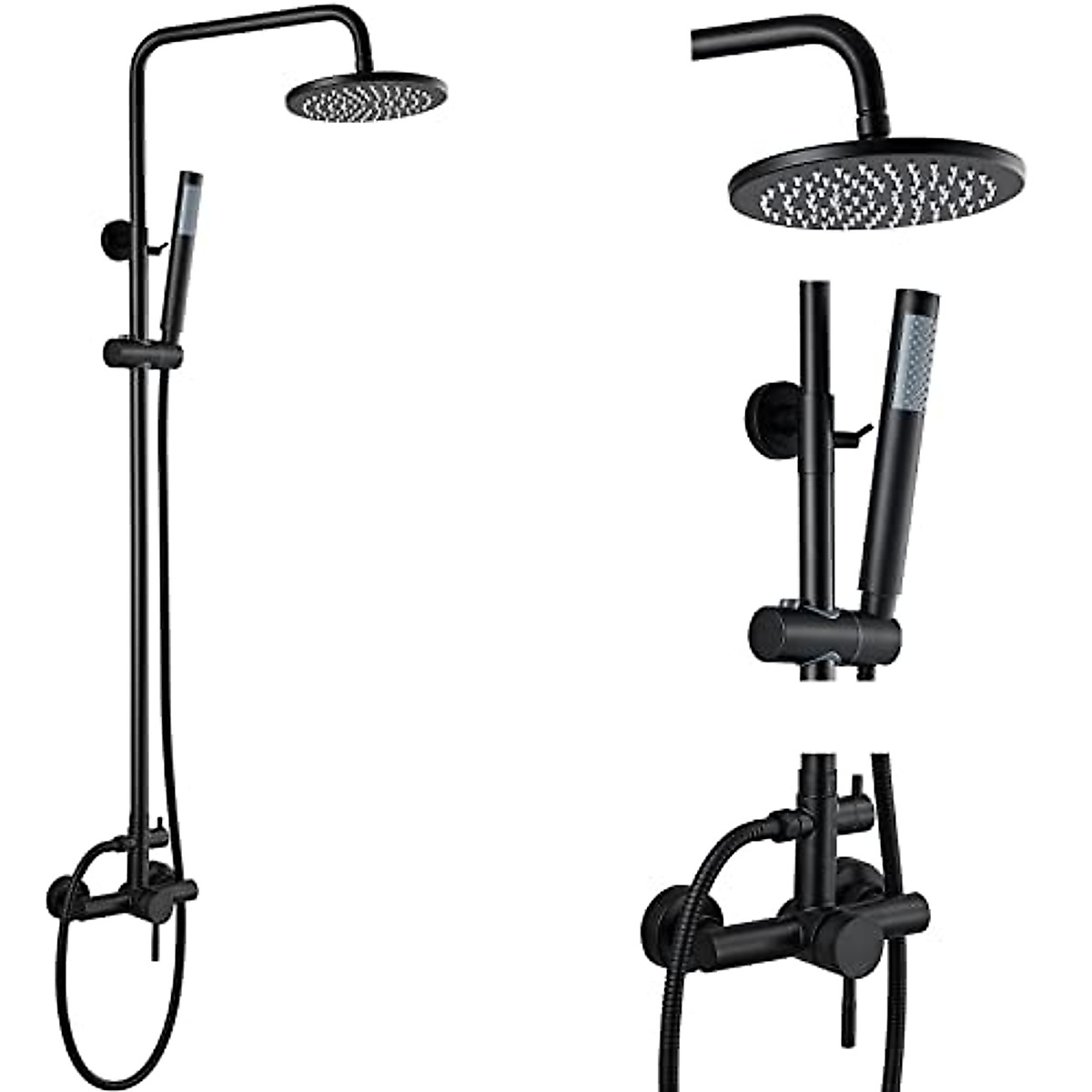 Outdoor Shower Fixture Set Matte Black SUS 304 Stainless Steel 8 Inch Rainfall Shower Head with Cylinder Handheld Spray Wall Mount Adjustable Slide Bar One Handle Shower Faucet