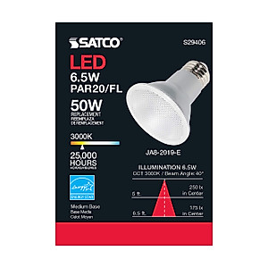 Satco S29406 6.5 Watt; PAR20 LED; 3000K; 120 Volt 6-Pack California Compliant Replaces S9406