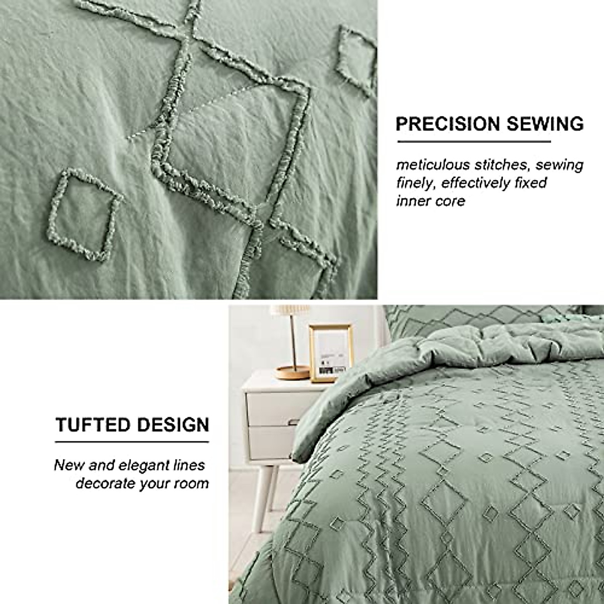 Green Tufted Comforter Set Queen Size (90×90 inches), Boho Shabby Chic Comforter Geometry Embroidery Bedding Set 3 Pieces (1 Comforter + 2 Pillowcases), Soft Microfiber Comforter for All Seasons