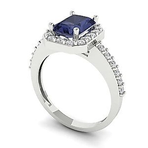 Clara Pucci 2.07 ct Emerald Cut Solitaire Halo Simulated Blue Sapphire Engagement Promise Anniversary Bridal Ring 18K White Gold 4.75