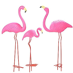Ohuhu Family Flamingo Yard Ornaments, Set of 3 (32", 31", 19") Bright Pink Flamingos Ornaments with Metal Feet Stakes for Garden Yard Patio Party Decoration, Outdoor Decor Gardening Gift