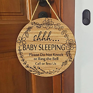 Rustic Baby Sleeping Hanging Sign Plaque, Do Not Knock Or Ring The Bell, Round Sturdy Wooden Door Hanger for Baby Room, Nursery, Kindergarten, Bedroom, Door Knob Decor