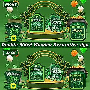 4 Pieces Table Sign Happy St Patricks Day Tabletop Decoration Lucky Shamrocks Wooden Wood Decor Irish Tiered Tray Décor for St. Patrick's Day Party Table Ornaments