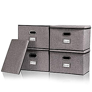 HERNEAT Large Linen Storage Boxes with Lids No Smell with Label Window [4Pack] Fabric Collapsible Foldable Storage Bins Organizer Containers with Cover for Home Bedroom Closet Grey Color