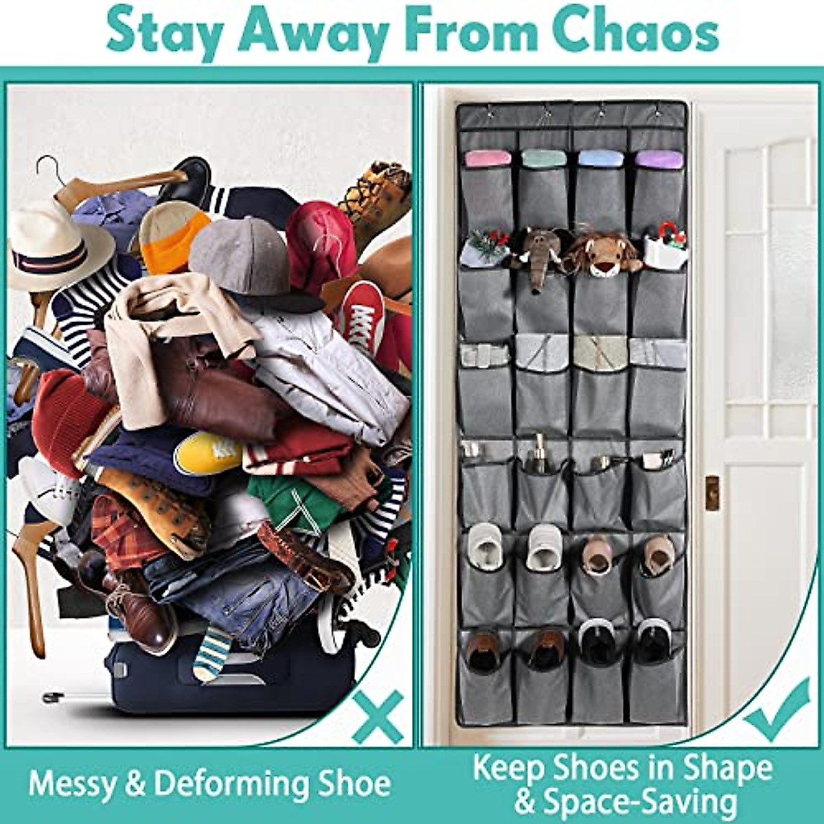 Shappy 3 Pack Over the Door Shoe Organizer Rack with 24 Large Fabric Pockets 12 Metal Hooks for Hanging Closet Holder Storage Men Women