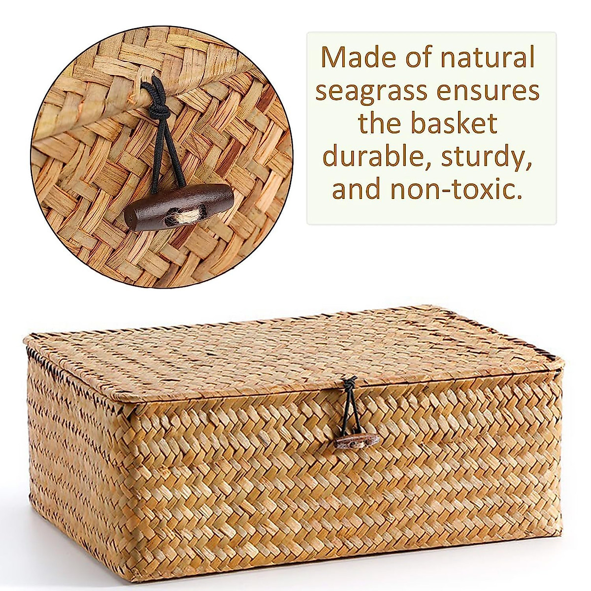Shelf Baskets Rattan Storage Basket with Lid Handwoven Seagrass Basket Multipurpose Organizer for Snack Toys Rectangular Household Basket for Shelf Wardrobe 23x13x8cm