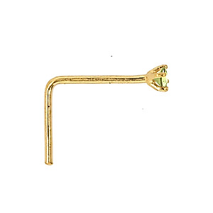 22G Solid 14Kt Gold L-Shape Nose Stud with real Peridot Gemstone, 14kt Yellow Gold or 14kt White Gold Prong Setting - August Birthstone Nose Ring-LSYG_PD-1.5MM