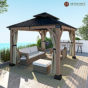 MONDAWE Cedar Wood 10x12Ft Hardtop Gazebo with Curtains, Rectangular Outdoor Permanent Gazebo Pergola with Galvanized Steel Double Roof Pavilion for Patio Lawn Garden