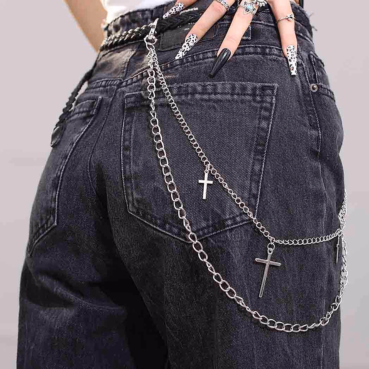 Tgirls Punk Goth Pant Hip Hop Pocket Jean Acrylic Wallet Layered Keychains Belt Trouser Chains for Women and Men (2 layer-Cross)