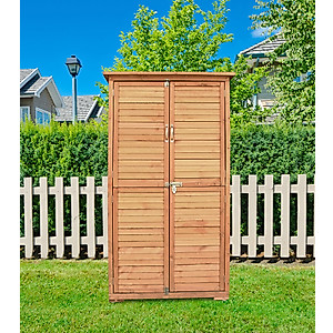 YTGLEN Outdoor Storage Cabinet, Wood Garden Shed, Pool Storage Shed with Lockable Door, Waterproof Roof and 2 Removable Shelves, Vertical Outside Storage Shed for Patio, Backyard and Lawn