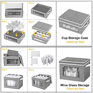 2 Pack China Storage Containers Set, Coffee Mug and Wine Glass Storage Box with Dividers, Cup and Stemware Storage Cases Organizer for 12 Tea Cups & 12 Crystal Glassware Moving and Protection (Grey)
