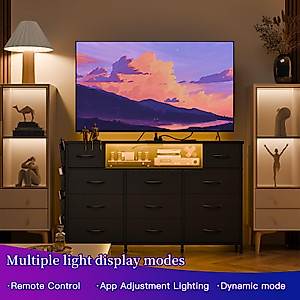 Fixwal Black Dresser for Bedroom with Power Outlets and LED Lights 11 Drawers Dresser with Side Pocket for Kids Bedroom, Fabric Chest of Drawers, for 60inch TV Long Dresser Storage Organizer