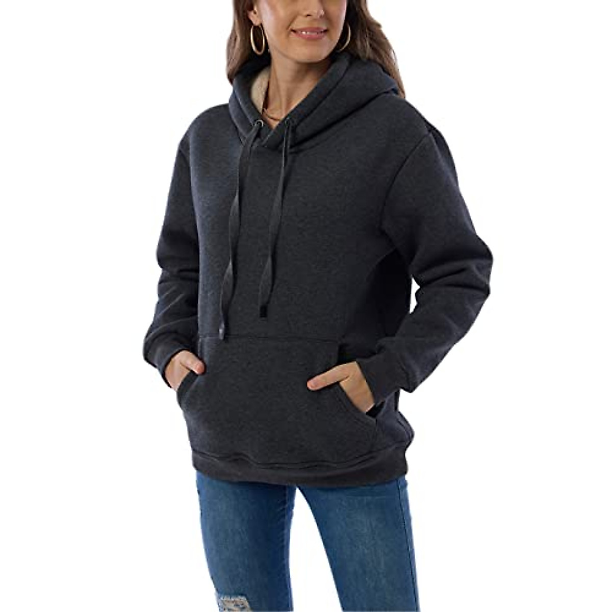 Haellun Womens Casual Winter Warm Fleece Sherpa Lined Pullover Hooded Sweatshirt (Dark grey, Small)