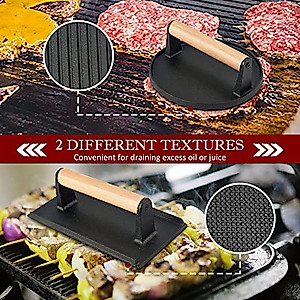 HaSteeL 2Pcs Cast Iron Bacon Press, Smash Burger Press for Teppanyaki Flat Top Griddle, Heavy Duty Round 7In & Rectangular 8x4In Grill Press, Perfect for BBQ Meat, Paninis, Tortilla, Steak, Sandwich