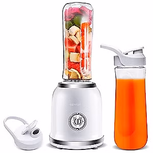 Geniuslix Personal Blender for Smoothies & Shakes - Portable Mini Smoothie Blender with BPA-Free 2 Travel Bottles 20 oz with Lids, 2 Speed Manual Control & Pulse Function, 6 Stainless Steel Blades for Crushing Ice - 300 Watts.