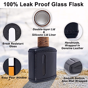 Garybank Handmade Genuine Leather Hip Flasks for Liquor for Men, Glass Whiskey Flask with Funnel & Wood Lids Leakproof for Hennessy Liquor & Spirits, Premium Whiskey Set Gifts Idea (Black, 200ml)