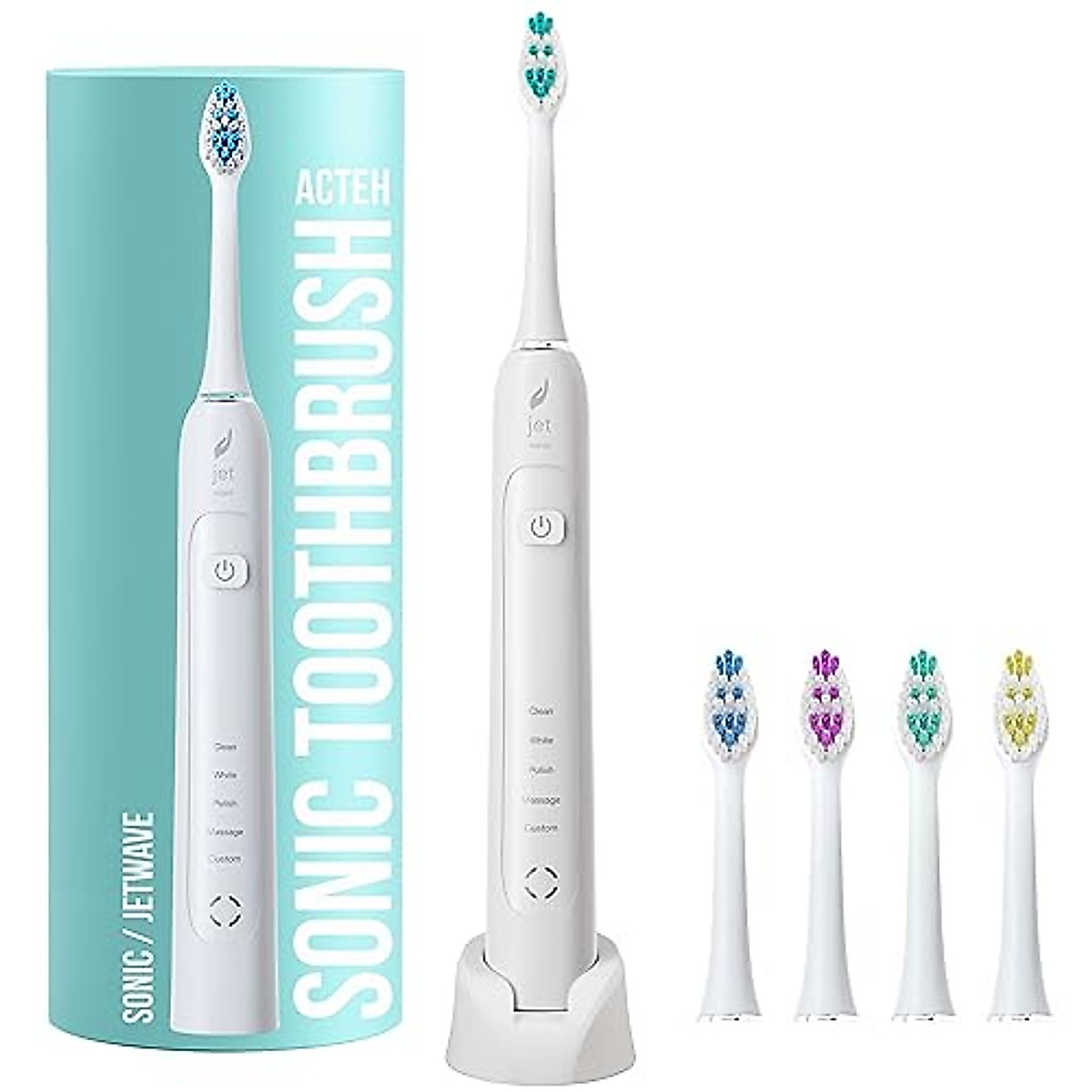 Acteh Sonic Electric Toothbrush, JetWave Rechargeable, Toothbrush w/ 5 Brushing Modes, 2min. auto-Timer, 30sec. Quad-Reminder and Long-Lasting, Extended Charge Battery (White)