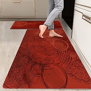 RYANZA 2 Pieces Kitchen Rugs, Abstract Anti Fatigue Non Slip Foam Cushioned Red Lines Art Modern Graffiti Comfort Indoor Floor Mat Runner Rug Set for Laundry Office Sink Bathroom (17"x48"+17"x24")