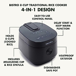 GreenPan Healthy Ceramic Nonstick Rice Quinoa Steel Cut Oats & Grains Cooker,Easy Meal Presets,4 Cups Uncooked (8 Cooked),Cool Touch,Compact,Warms, Steam,Removeable Bowl,Spatula Ladle&Cup, Matte Black