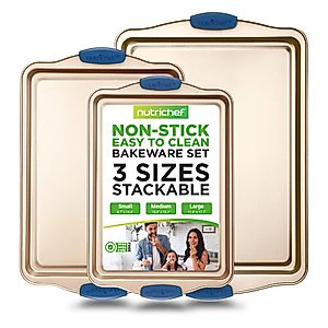 NutriChef 3-Piece Nonstick Bakeware Set - Premium Carbon Steel Baking Trays with Blue Silicone Handles, Easy to Clean, Small, Medium & Large Cookie Sheet Pans