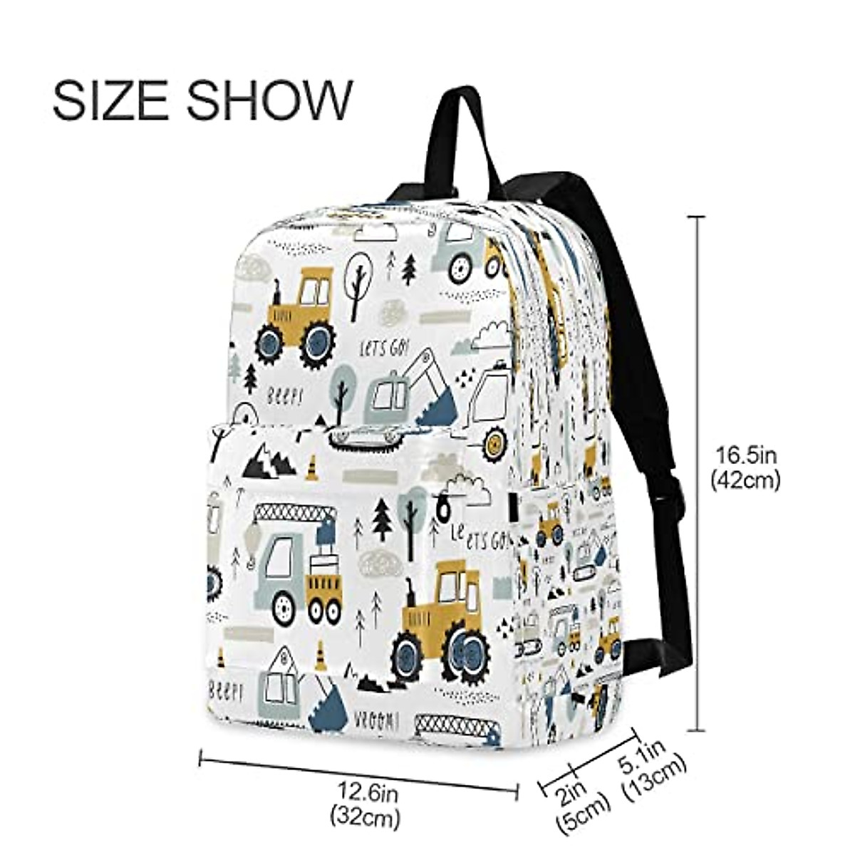 Lightweight School Backpack Childish Truck Excavator Bookbag Schoolbag Casual Daypack for Travel with Bottle Side Pockets