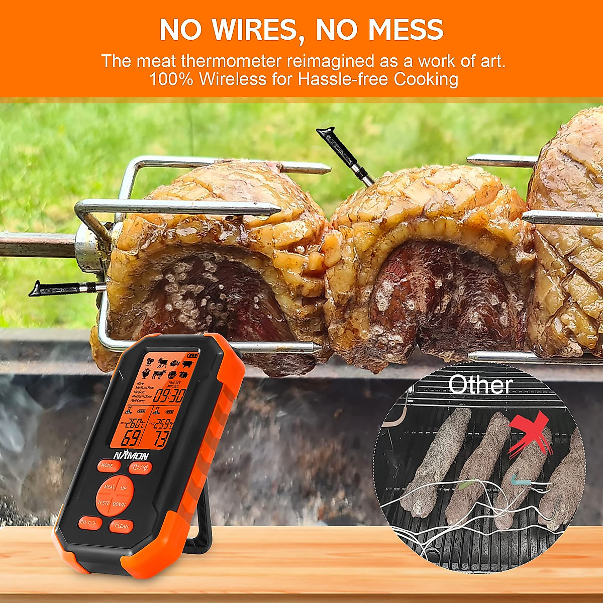 NAMON Wireless Meat Thermometer, Grill Thermometer with 2 Meat Probes, 195ft Wireless Range Digital Thermometer for Cooking, Food Thermometer with Smart Alert for Oven, Smoker, Rotisserie, BBQ