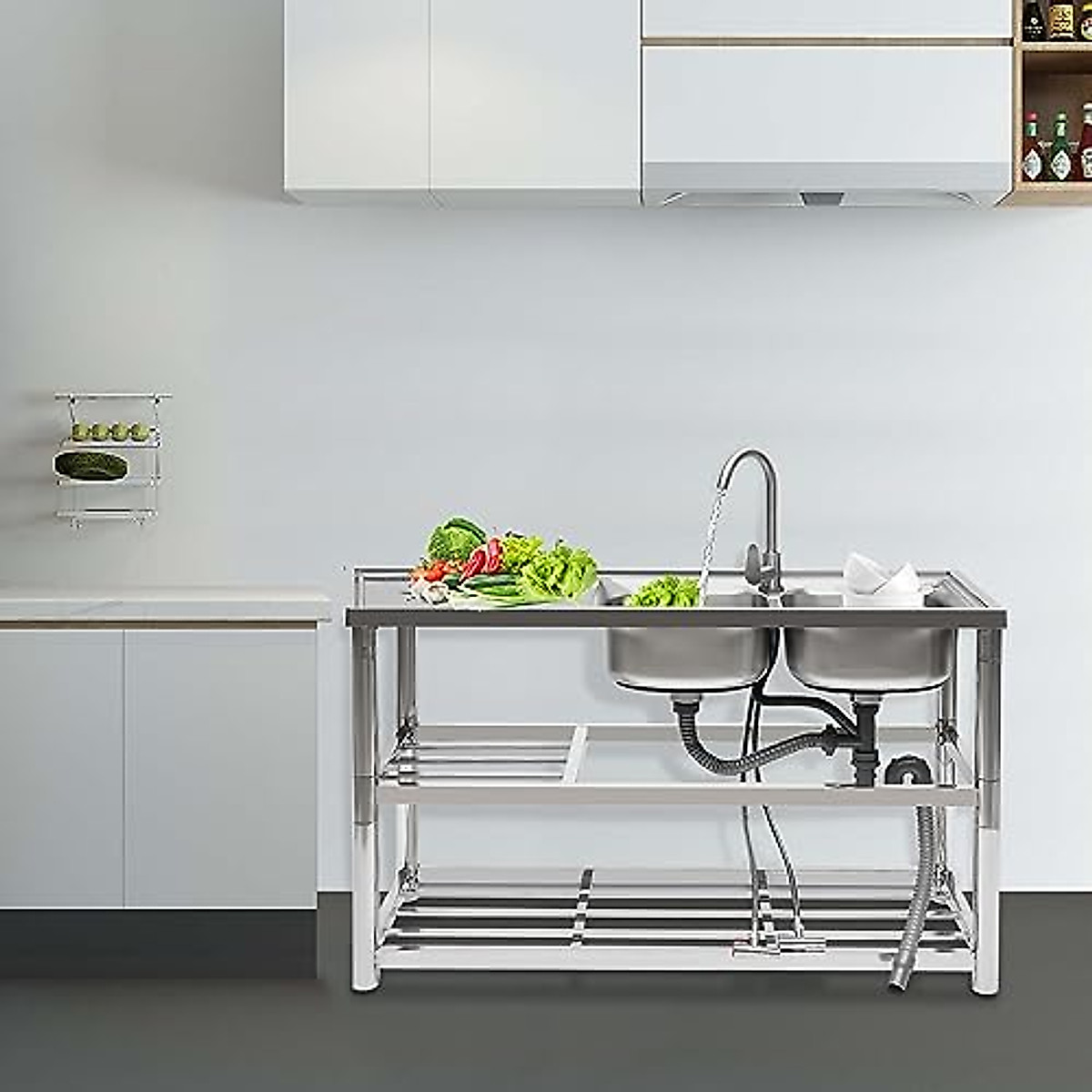 Commercial Restaurant Sink,304 Stainless Steel Utility Sink Kitchen Bowl Sink,with Double Storage Shelves&Drainer Unit Faucet Combo with Strainer (Double Bowl)