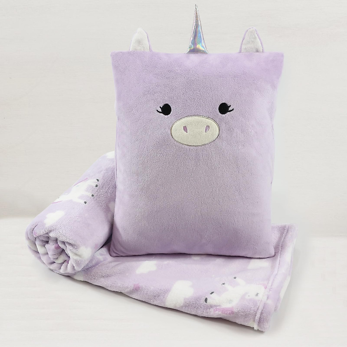 VigorSpring 3-in-1 Kids Travel Pillow Blanket Set, Snuggle Pillow in 12"X15", Plush Throw Blanket for Kids in 40"X60",Filled Throw Pillow, Machine-Washable,Great Gift (Lilac)