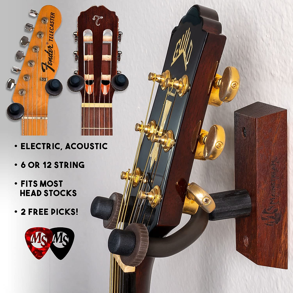 Mainstream Source® Guitar Hanger Cradle and Wall Mount – Guitar Hanger Wall Mount with Padded Cradle and Large Wooden Base, Great for Electric, Bass, or Acoustic Guitars (Rosewood, Pack of 1)