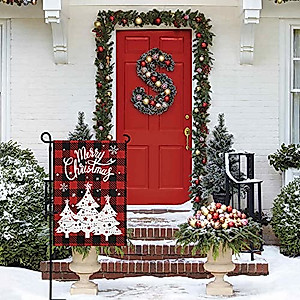 hogardeck Merry Christmas Garden Flag, Buffalo Plaid Check Tree Burlap Christmas Decorations, Vertical Double Sided Winter Decor, Bell & Star Outdoor Indoor Yard Flag 12.5x18 Inch