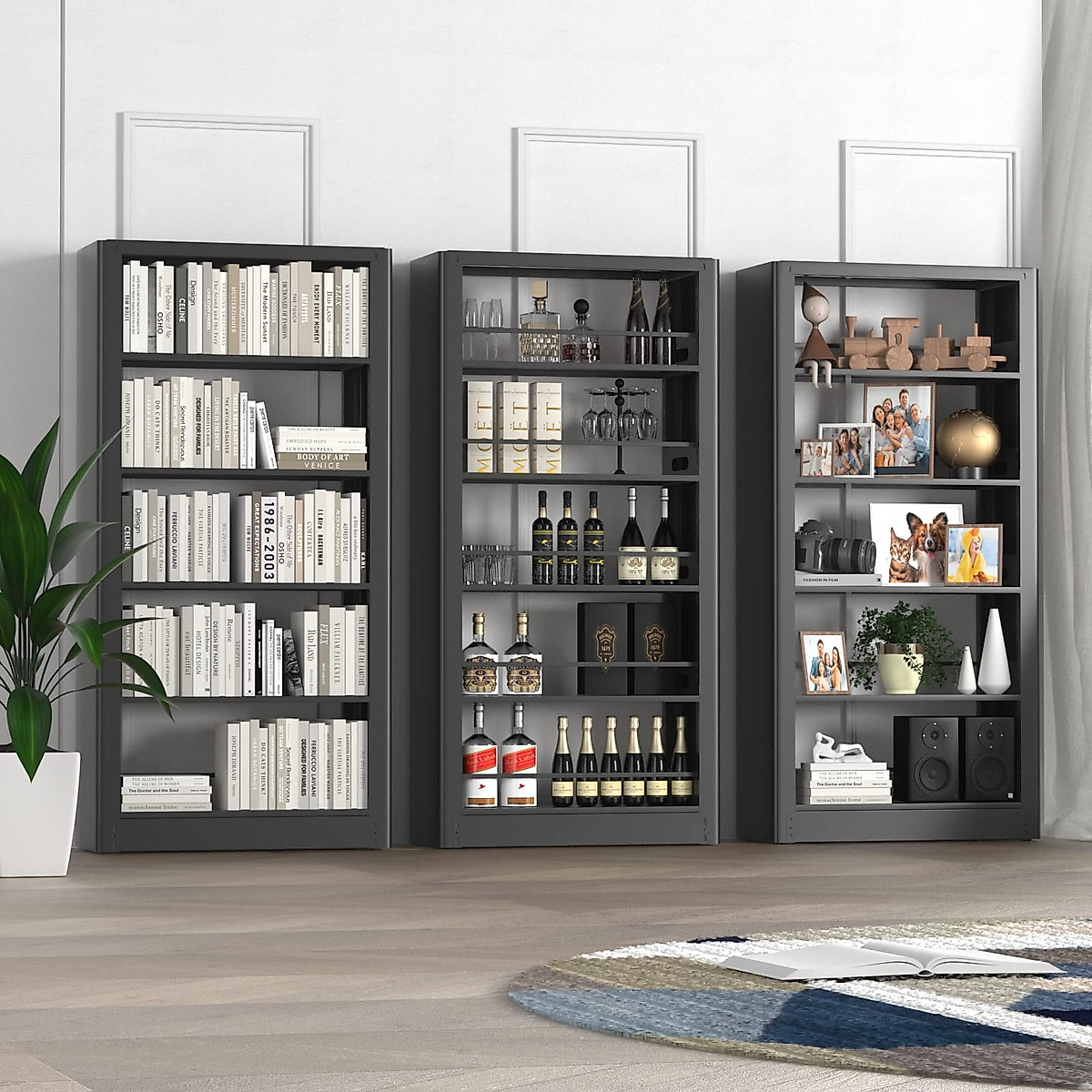 KINGBO 78.7" Tall Bookshelf, 5 Shelf Adjustable Bookcase Shelf, Heavy Duty Steel Open Book Storage Shelves Organizer for Home Office, Easy to Assemble, 11.8D x 39.4W x 78.7H in, Black