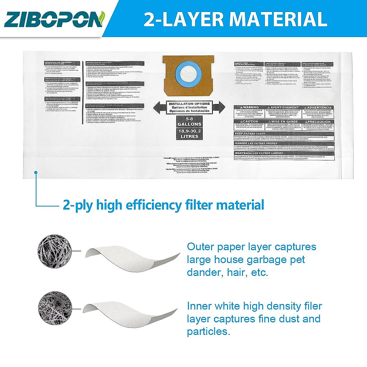 6 Pack 90661 Type E / 90671 Type H Filter Bags Compatible with Shop Vac 5-8 Gallon Wet/Dry Vacuum, Part 9066100 9066133 9067100 9067133