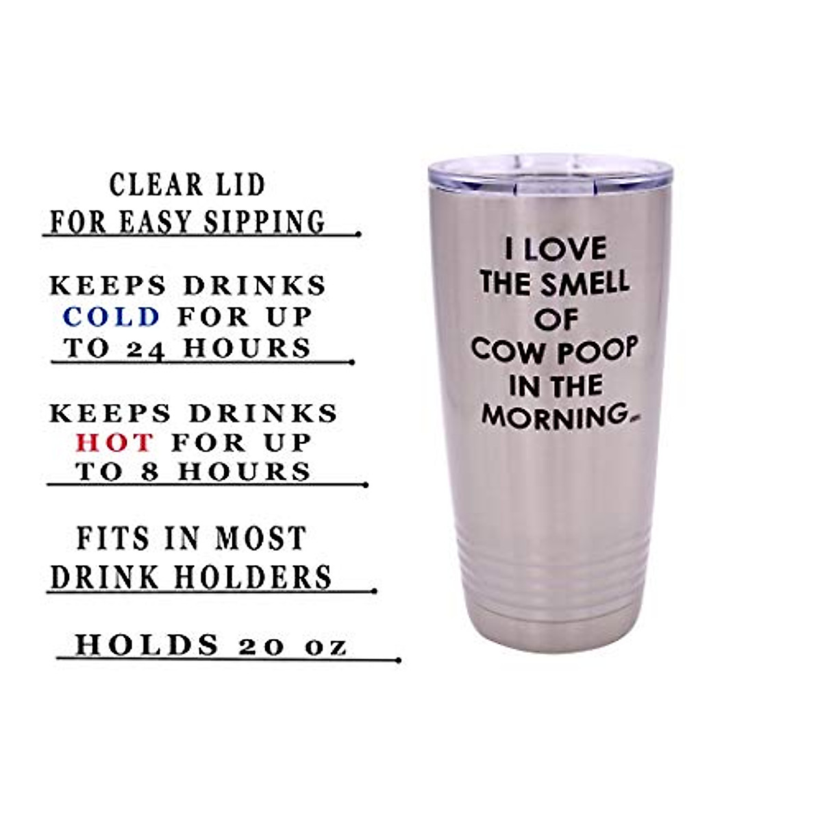 Rogue River Tactical Funny Farmer I Love the Smell of Cow Poop In The Morning Large 20 Ounce Travel Tumbler Mug Cup w/Lid Sarcastic Country Farming Gift