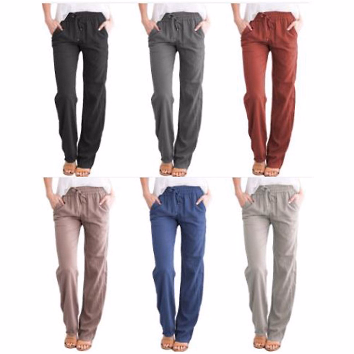 Womens Palazzo Linen Pants Wide Leg High Waisted Drawstring Casual Long Trousers Comfy Elastic Waistband Pants (Wine Red,Large)